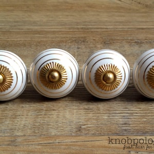 SET OF 2 - Gold and White Stripe Ceramic Knob - Art Deco Gatsby Drawer Pull - Round White ...