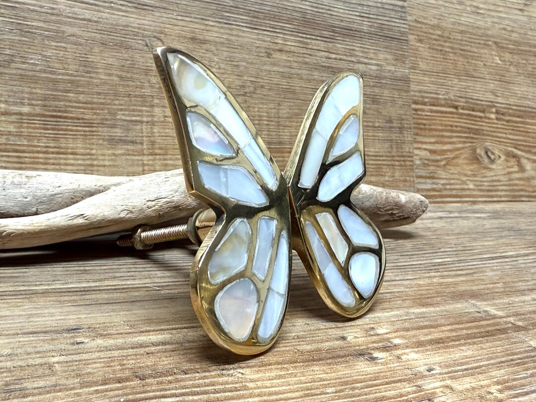 SET of 2 Butterfly Wing Knobs - Brass and Abalone Butterfly Wing Knob - Furniture Hardware ...