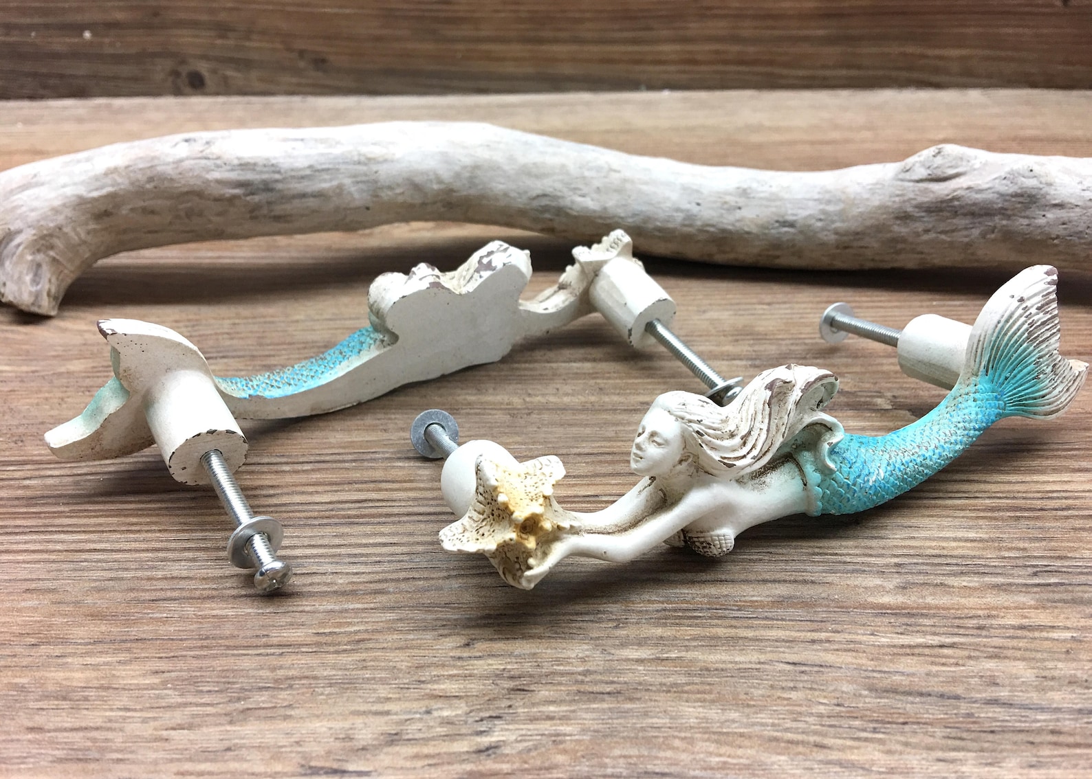 SET OF 2 - Cream and Blue Mermaid Knob Drawer Handles - Mermaid Tail ...