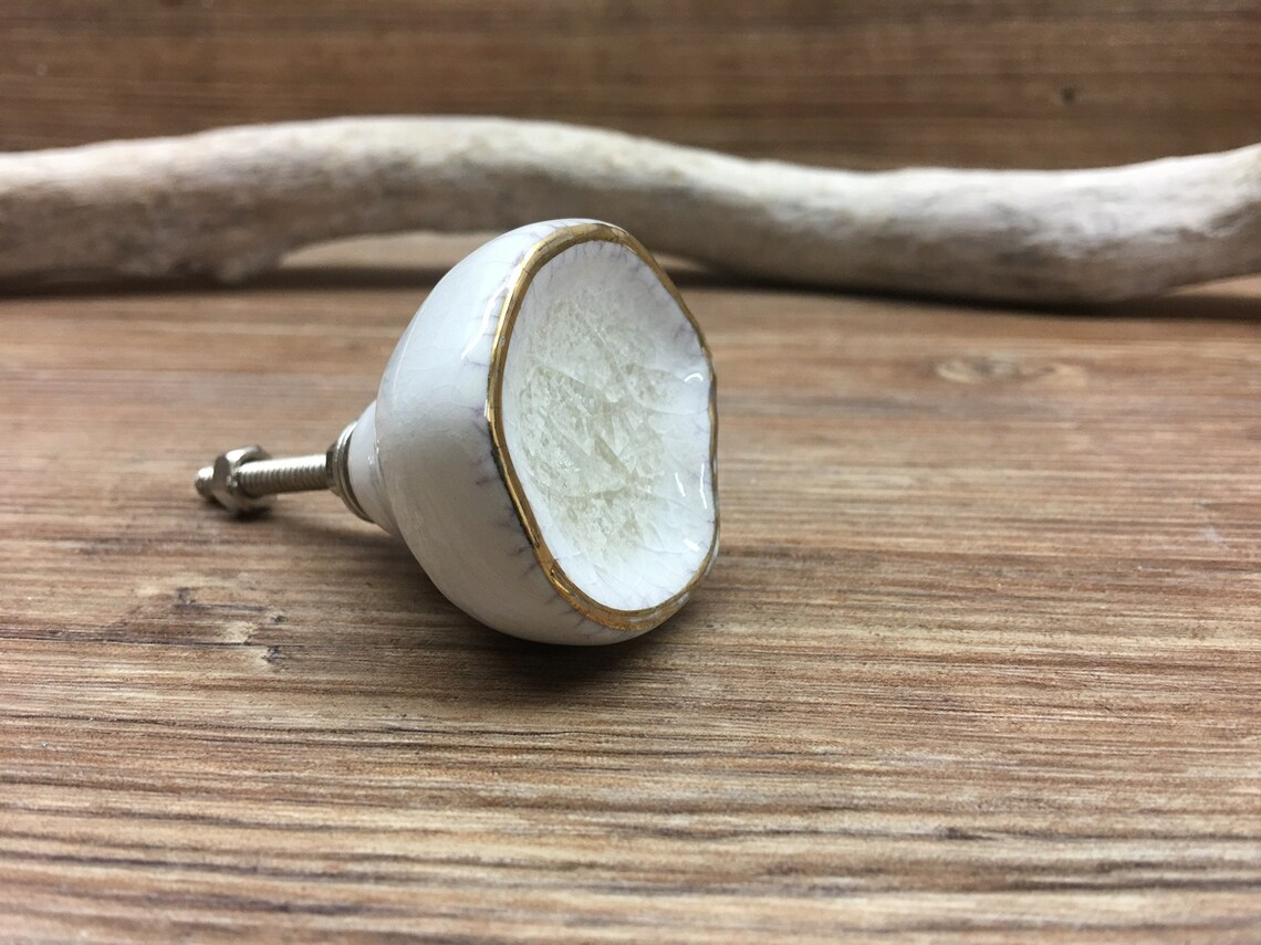 Ivory and Gold Melted Glass Knob Crater Crackled Ivory With Gold Edge ...