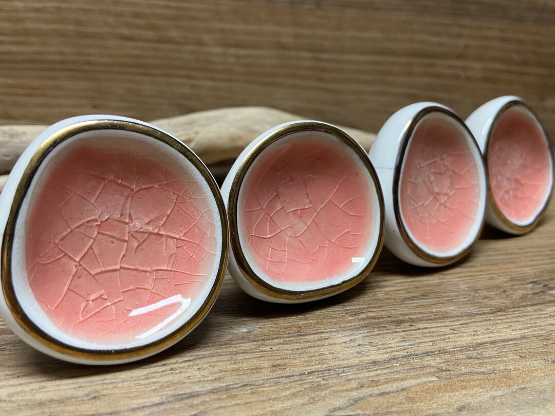 Set of 4 - Ivory and Pink Melted Glass Knob Crater Crackled Ivory With ...