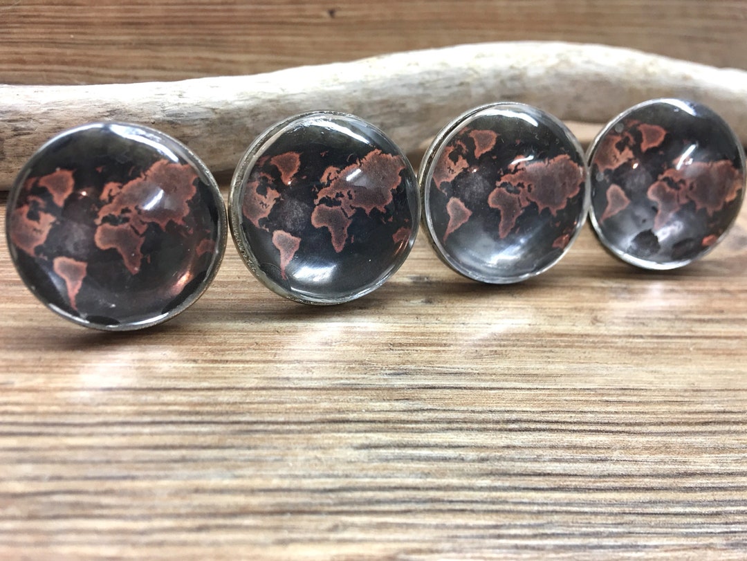 SET OF 4 - World Globe Map Knobs - Black and Coppery Brown Atlas Glass ...
