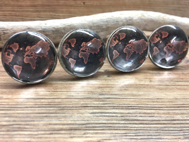 SET OF 2 - World Globe Map Knobs - Black and Coppery Brown Atlas Glass ...