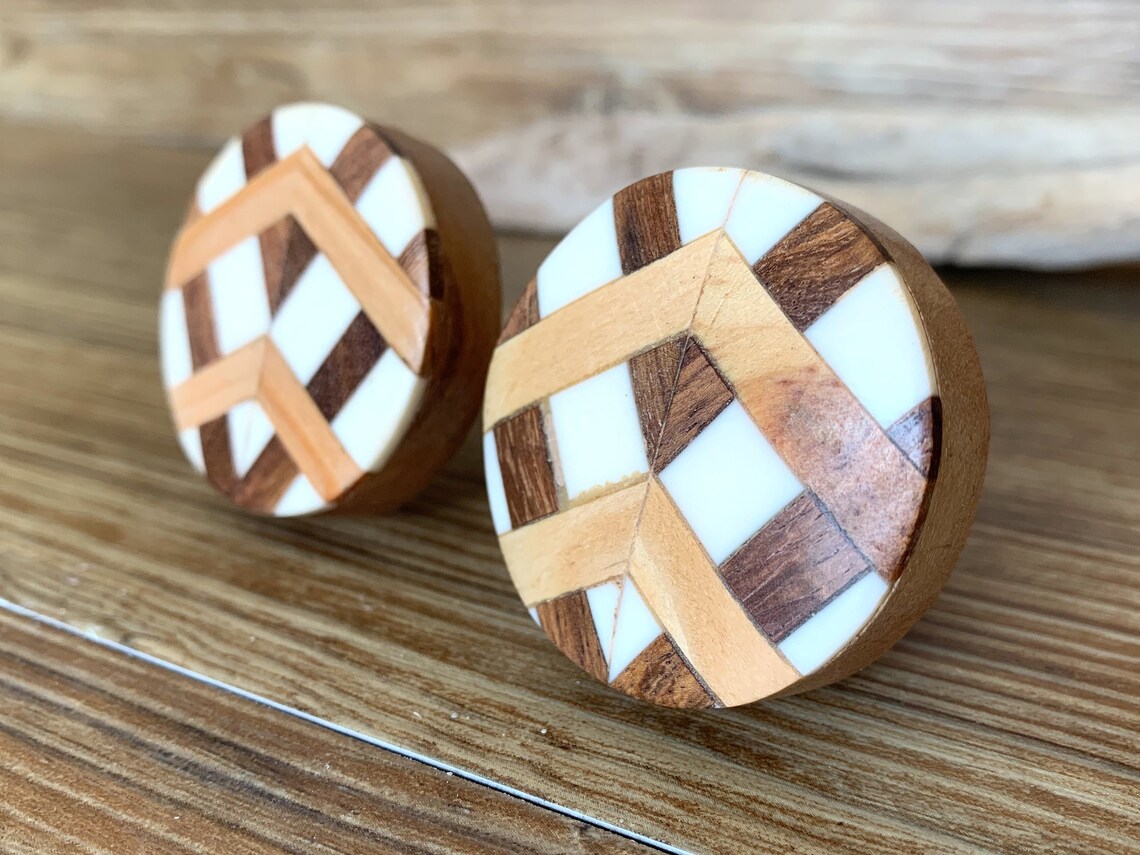 Set of 2 Ivory and Wood Chevron Knobs Round Wood and Cream - Etsy
