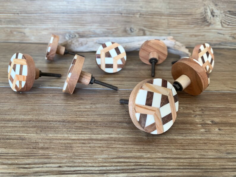 Set of 4 Ivory and Wood Chevron Knobs - Round Wood and Cream Drawer ...
