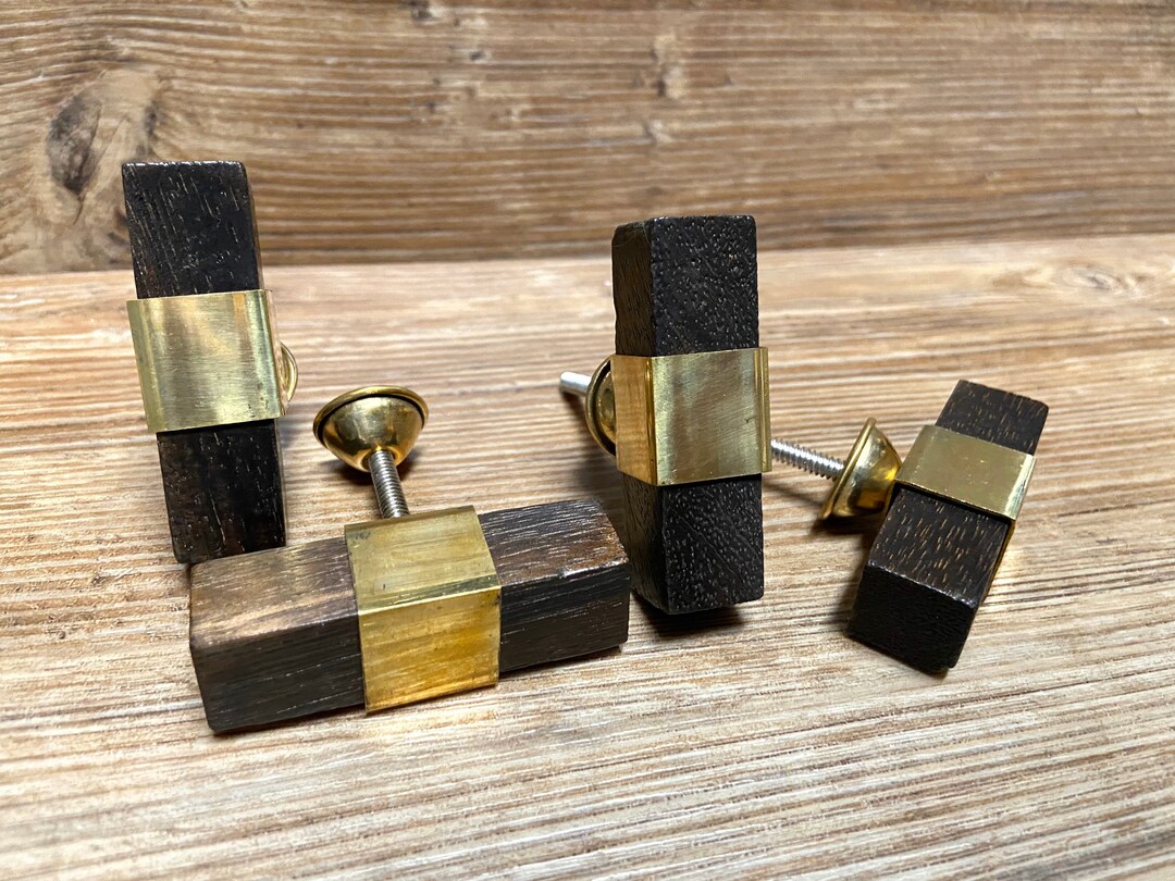 SET OF 4 - Wood and Brass Loop Drawer Handle - Square Dowel Drawer Pull ...