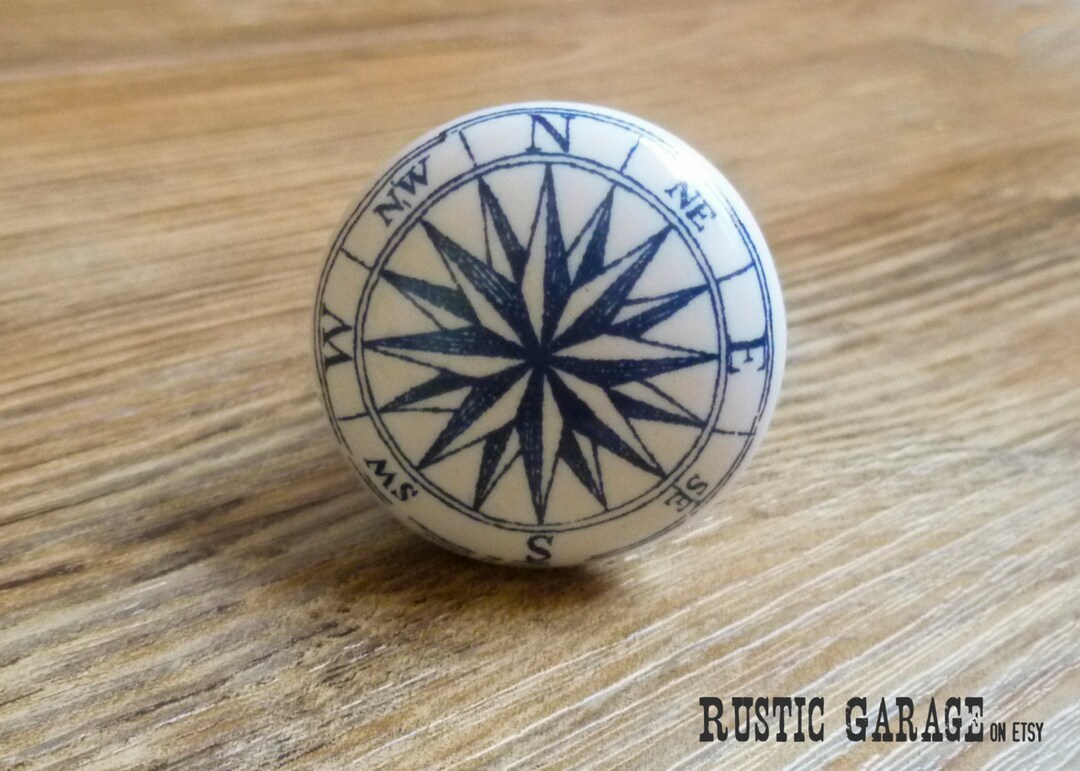1.5" Navy Blue and White Compass Ceramic Knob - Nautical Nursery Decor ...