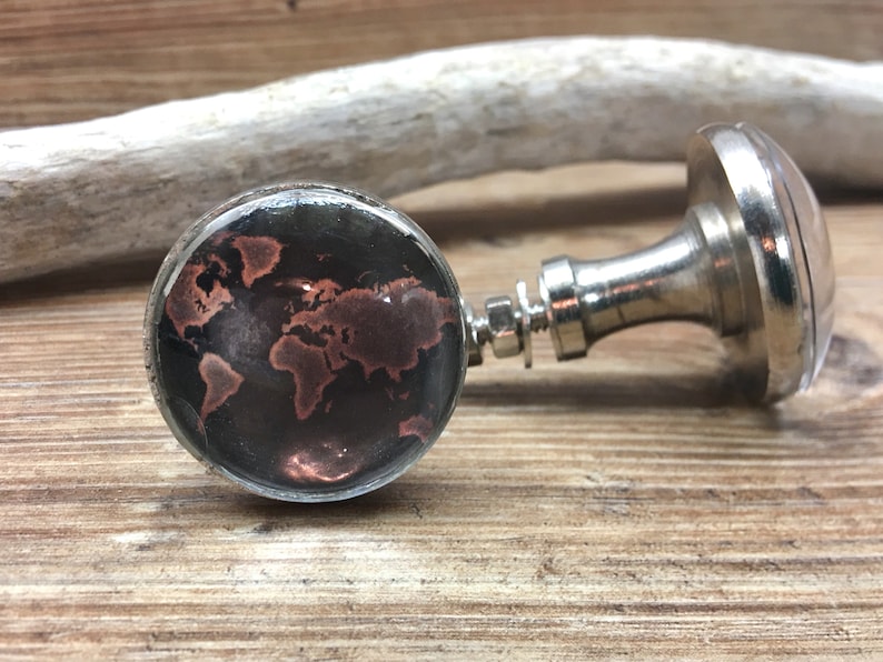 SET OF 2 - World Globe Map Knobs - Black and Coppery Brown Atlas Glass ...