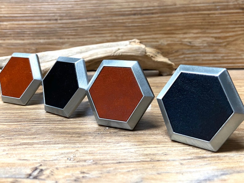 SET OF 2 Black Leather Hexagon Drawer Knobs Pewter Brushed - Etsy