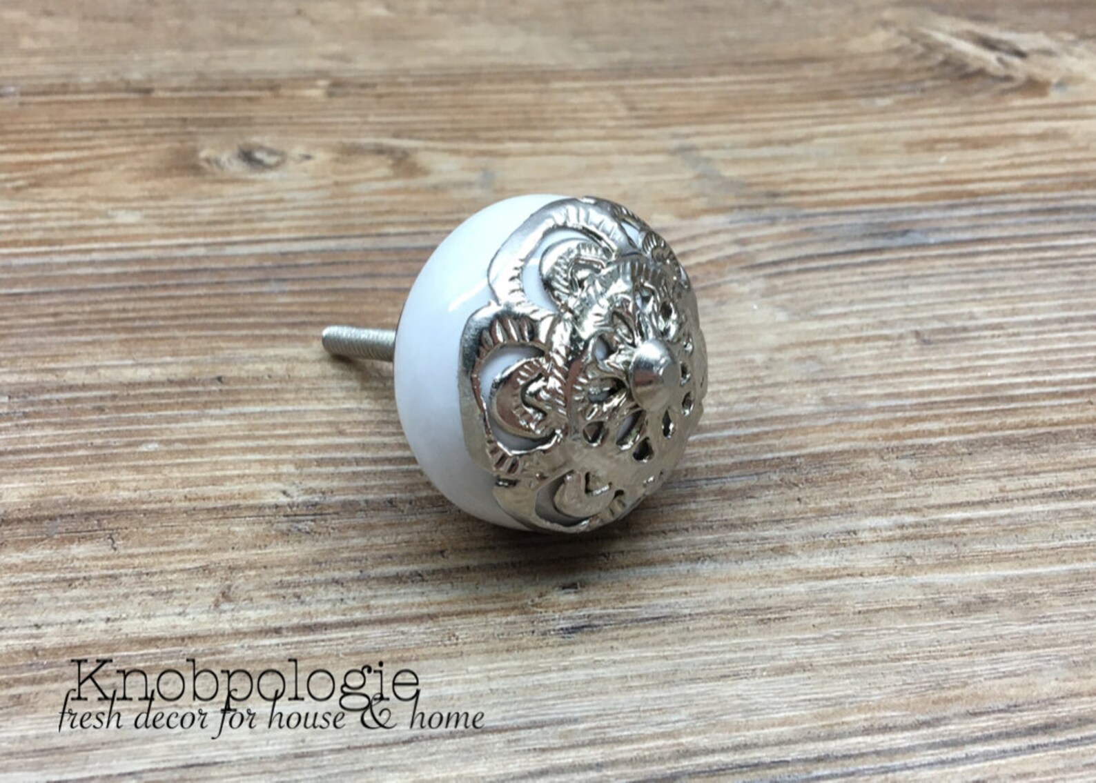 SET OF 4 White Ceramic Knob With Silver Filigree Overlay | Etsy