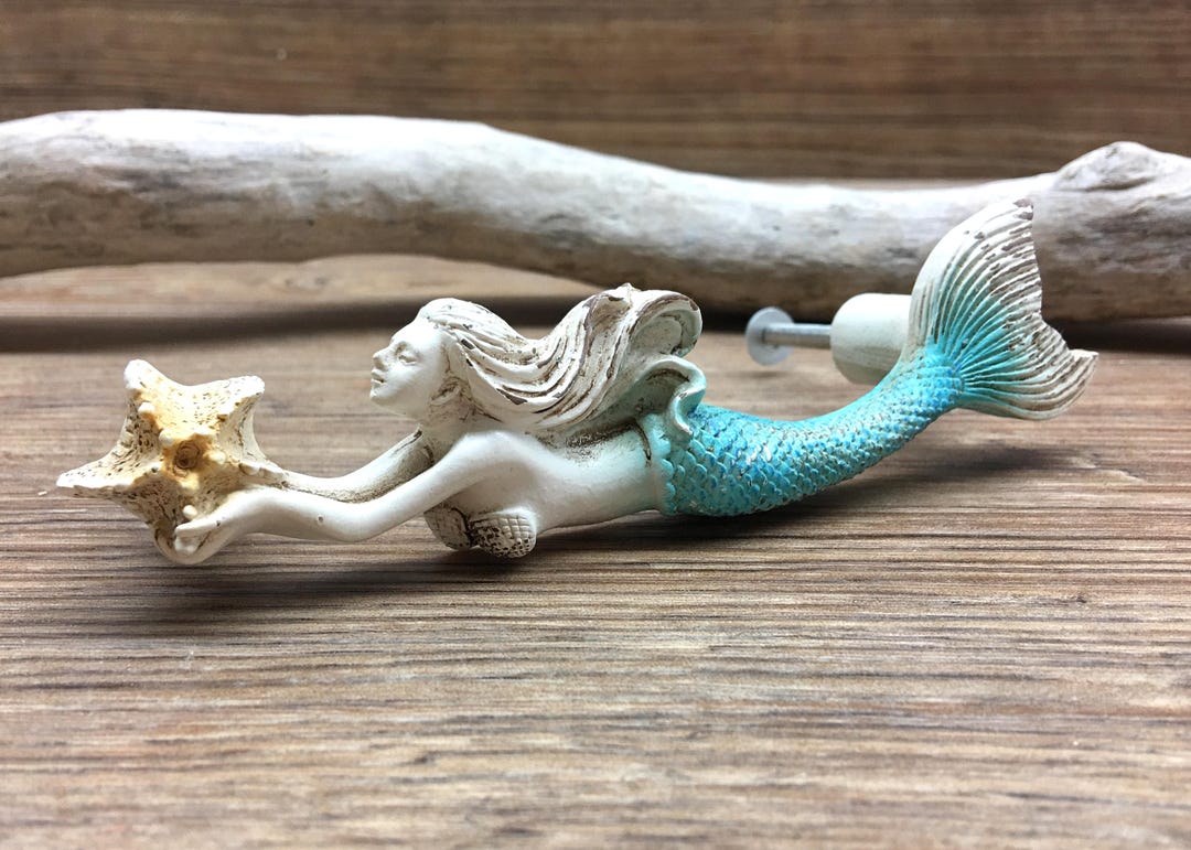 Cream and Blue Mermaid Knob Drawer Handle - Mermaid Tail - Beach Theme ...
