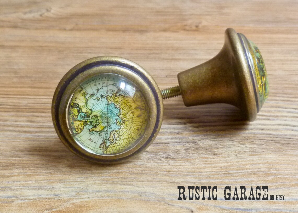 1.5" Old World Globe Map Knob - Aqua Blue and Yellow Atlas Glass Knob ...