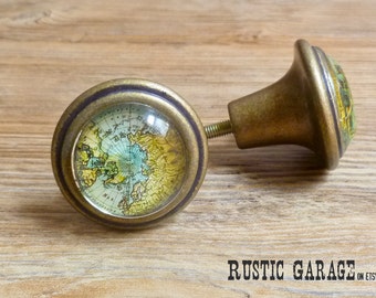 SET OF 4 Old World Globe Map Knobs Aqua Blue and Yellow Atlas Glass Nautical Adventurer Nursery ...