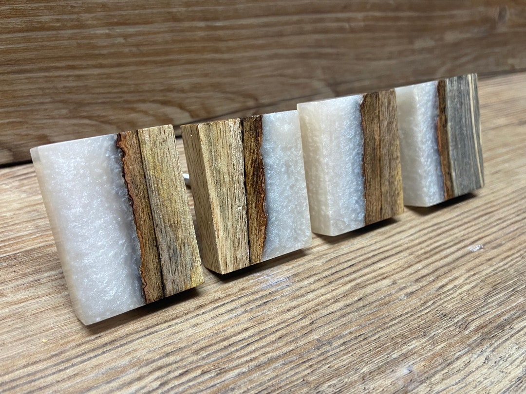 SET OF 4 - Frosted Timber Natural Knobs Wood and Resin Rectangular ...