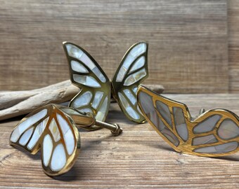 SET of 2 Butterfly Wing Knobs - Brass and Abalone Butterfly Wing Knob - Furniture Hardware ...