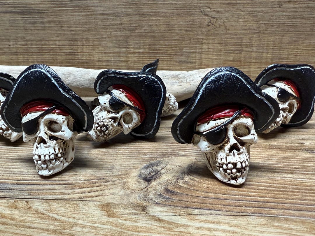 Set of 6 Pirate Knobs - Polyresin Skull Knob With Hat and Eye Patch - Sailor Nautical Nursery ...