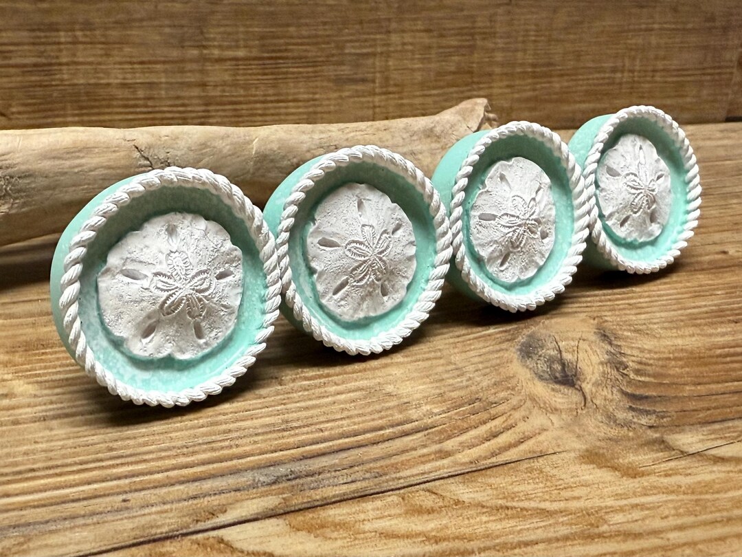 Set of 4 Sand Dollar Knobs -- Mint Aqua Blue Knob With White Sanddollar - Drawer Pull - Beach ...