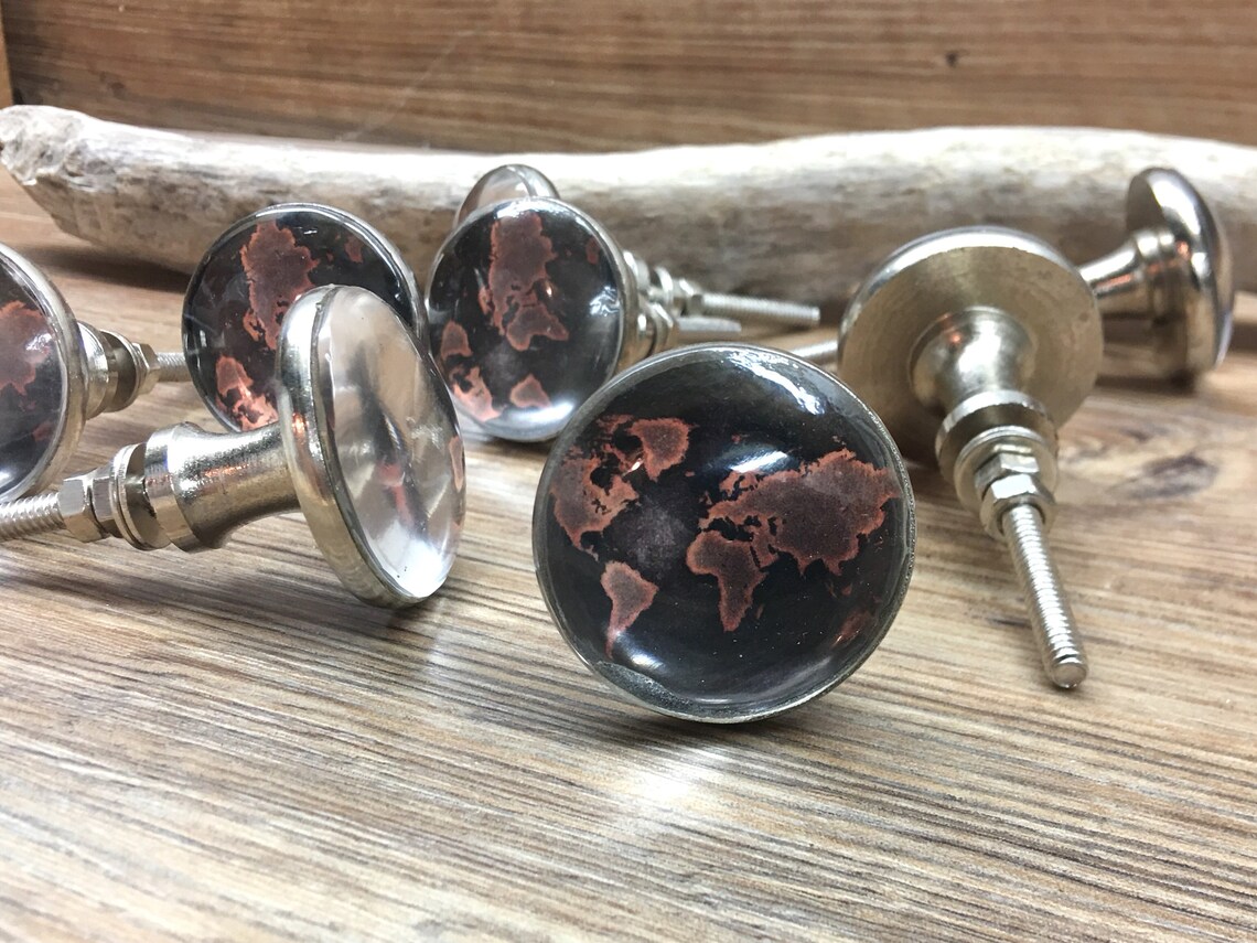 SET OF 2 - World Globe Map Knobs - Black and Coppery Brown Atlas Glass ...