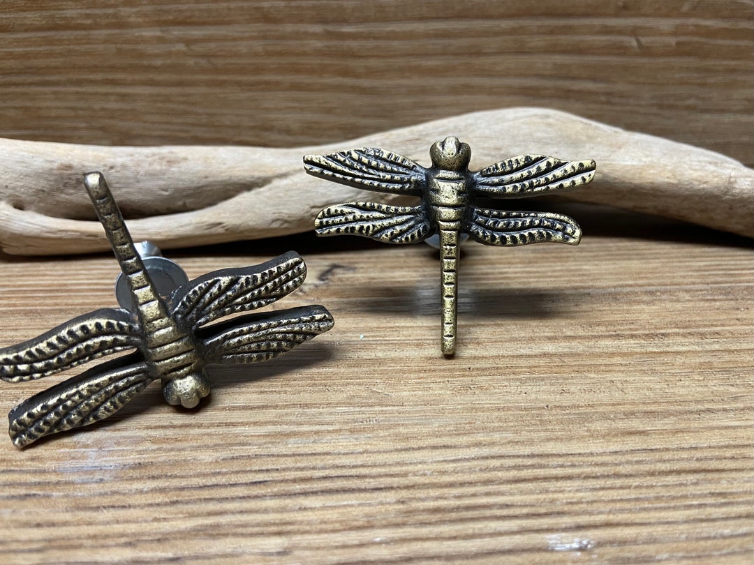Set of 2 Dragonfly Knobs - Cabinet Knob Lighting Bug Dragon Fly Drawer Pull - Cast Iron Knob ...