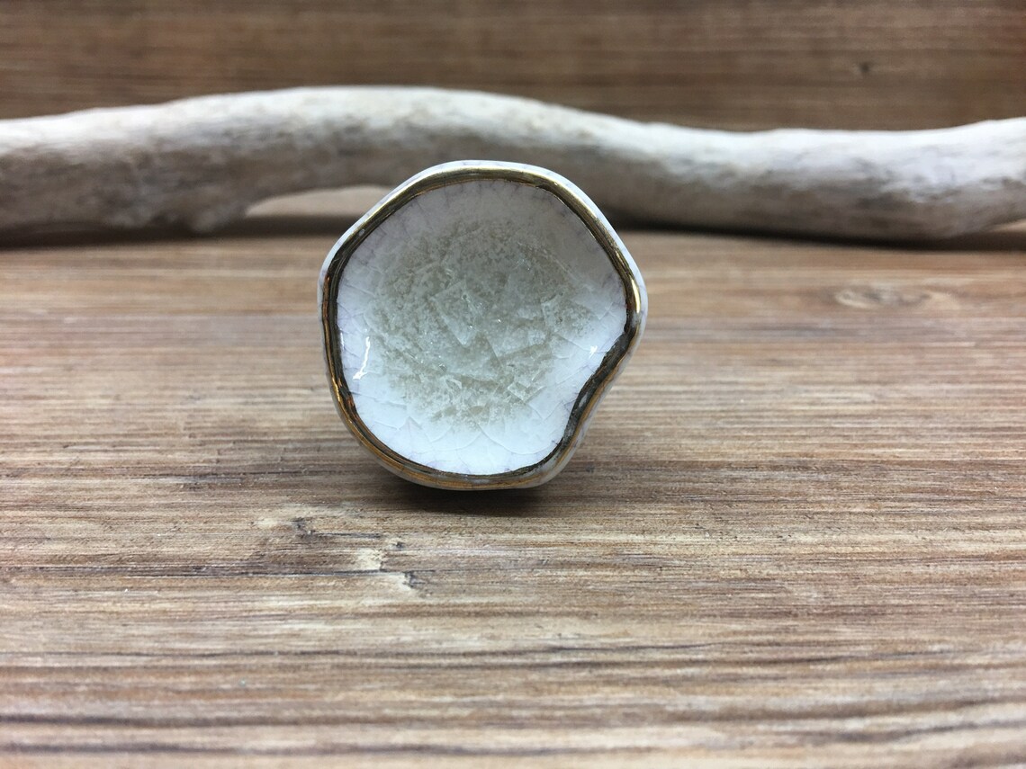 Ivory and Gold Melted Glass Knob Crater Crackled Ivory With Gold Edge ...