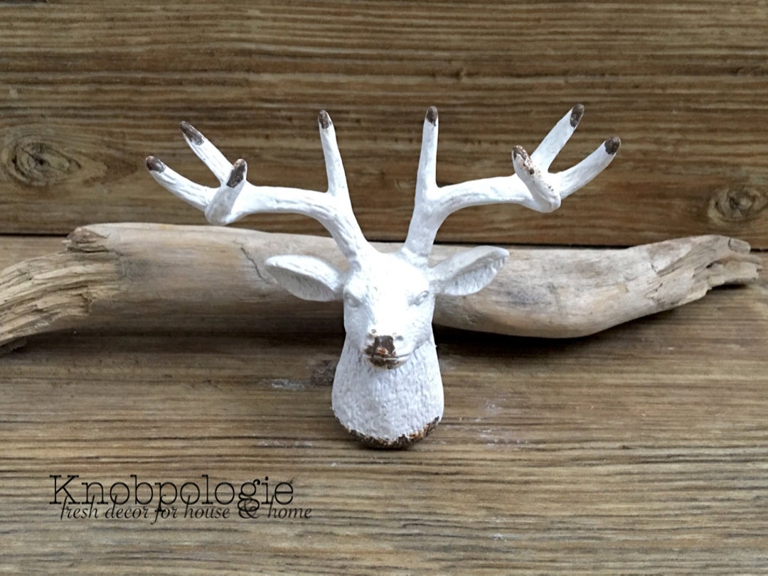 White Stag Antler Deer Head Metal Knob - Antler Drawer Pull Nature Buck ...