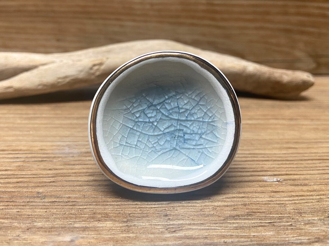 Ivory and Light Blue Melted Glass Knob Crater Crackled Ivory With Gold ...