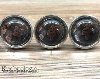 SET OF 2 Old World Globe Map Knobs Aqua Blue and Yellow Atlas Glass Nautical Adventurer Nursery ...