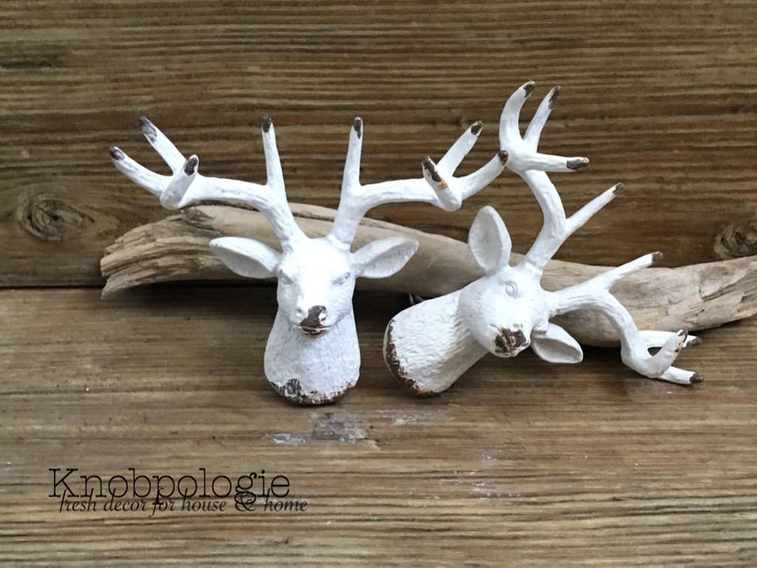 SET OF 2 - White Stag Antler Deer Head Metal Knob - Antler Drawer Pull ...