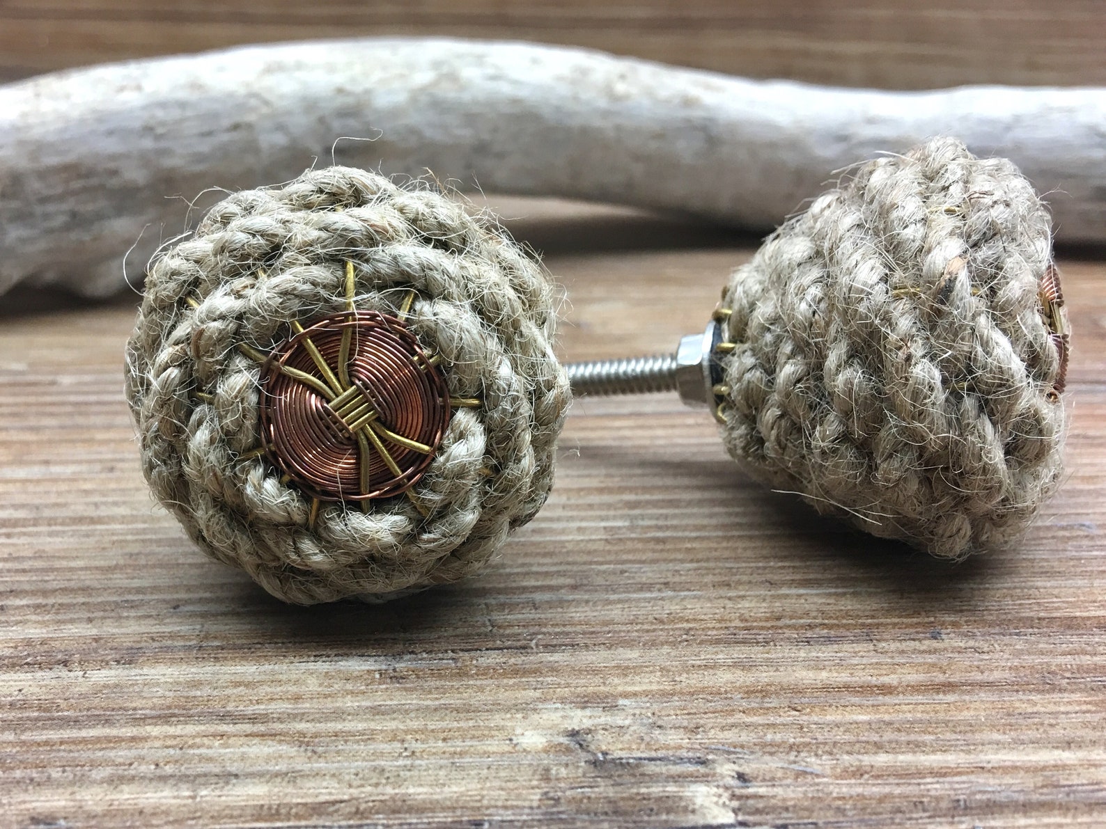 SET OF 4 - 1.75" Jute Rope and Copper Wire Wrapped Knobs - Nautical ...