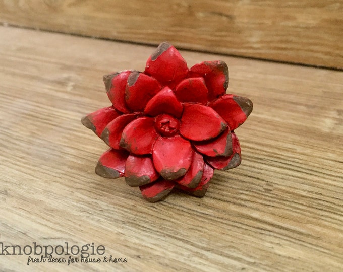 Distressed Red Flower Knob Lotus Daisy or Rose Unique Resin Molded Floral Knob Country Rustic ...