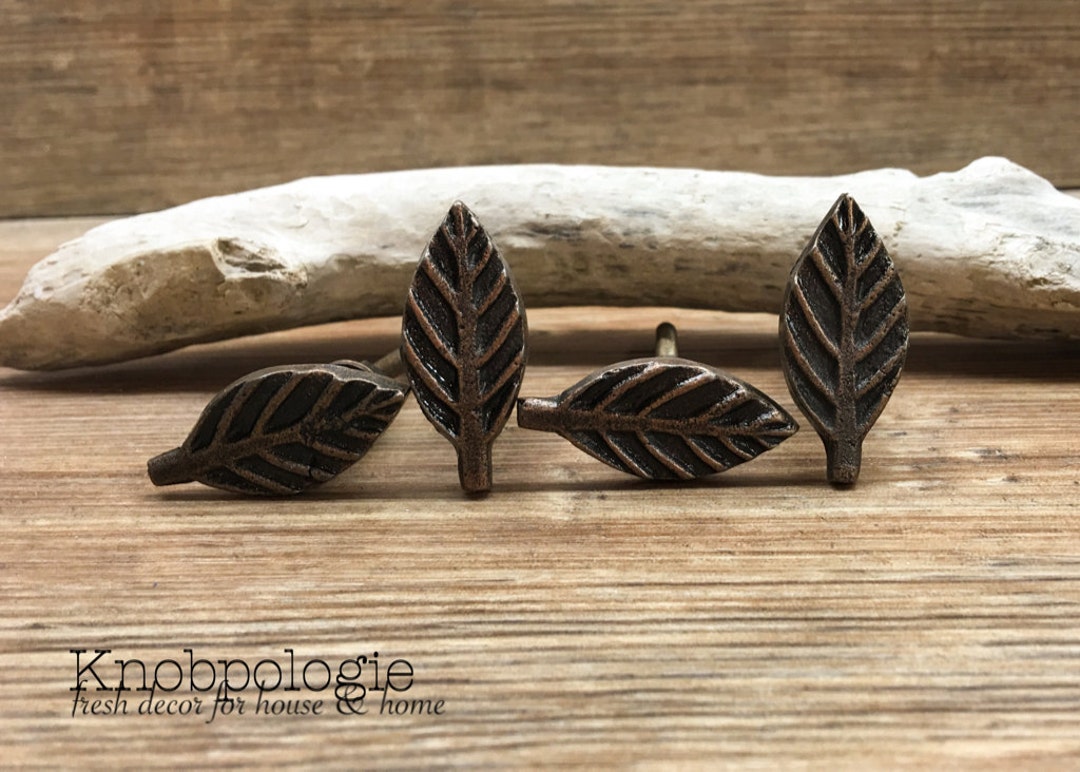 SET OF 4 Leaf Knobs - Small Cast Iron Metal Knob - Decorative Drawer Pull - Tree Leaves ...