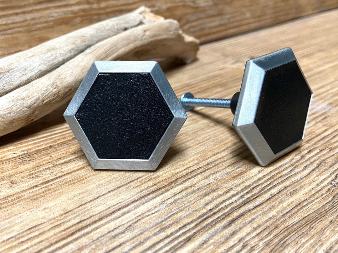 SET OF 2 Black Leather Hexagon Drawer Knobs Pewter Brushed Nickel Frame ...