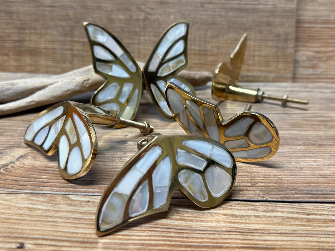 SET OF 8 Butterfly Wing Knobs - Four Sets Brass and Abalone Butterfly Wing Knob - Furniture ...