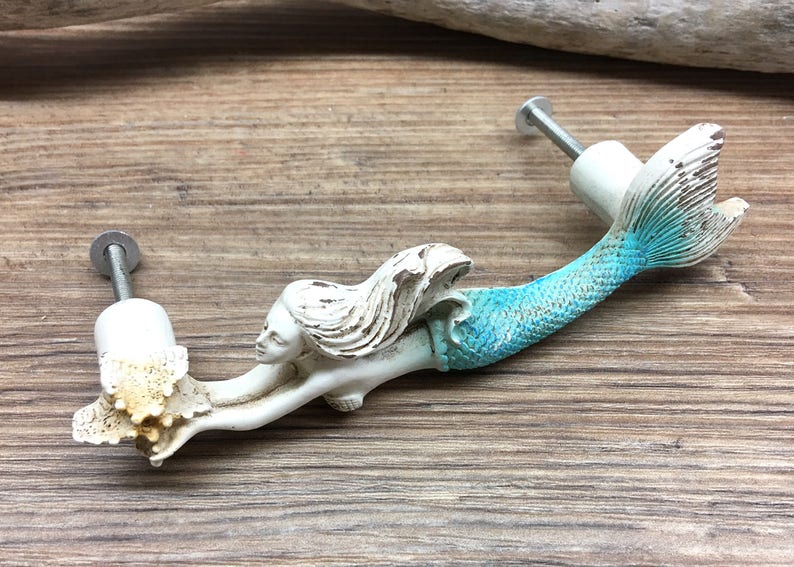 SET OF 2 - Cream and Blue Mermaid Knob Drawer Handles - Mermaid Tail ...