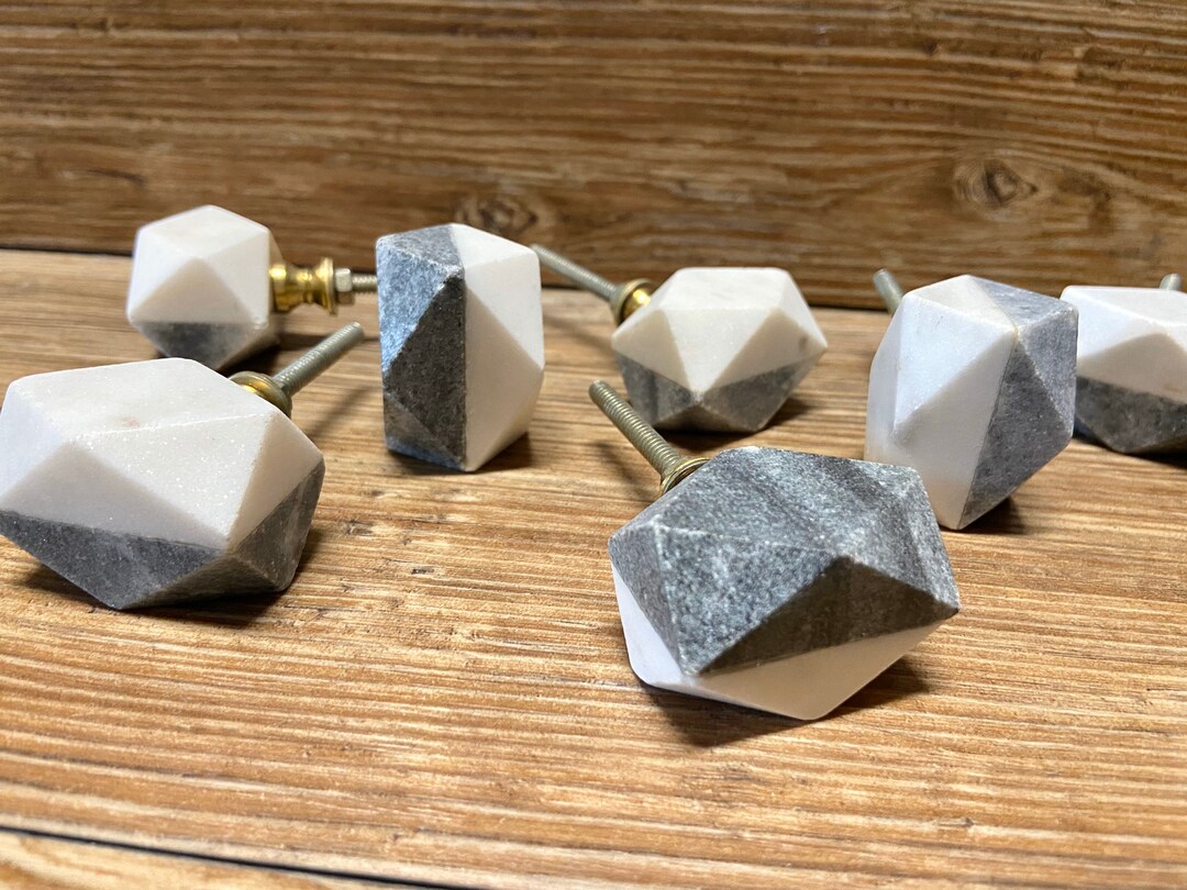 SET of 8 Beveled Two Tone Marble Stone and Granite Grey Knob White Grey and Gold Oval Stone ...
