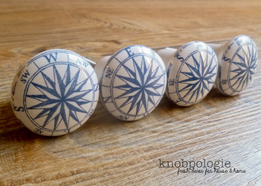 SET OF 4 - Navy Blue and White Compass Ceramic Knobs - Nautical Nursery Decor - Sailor Ocean ...