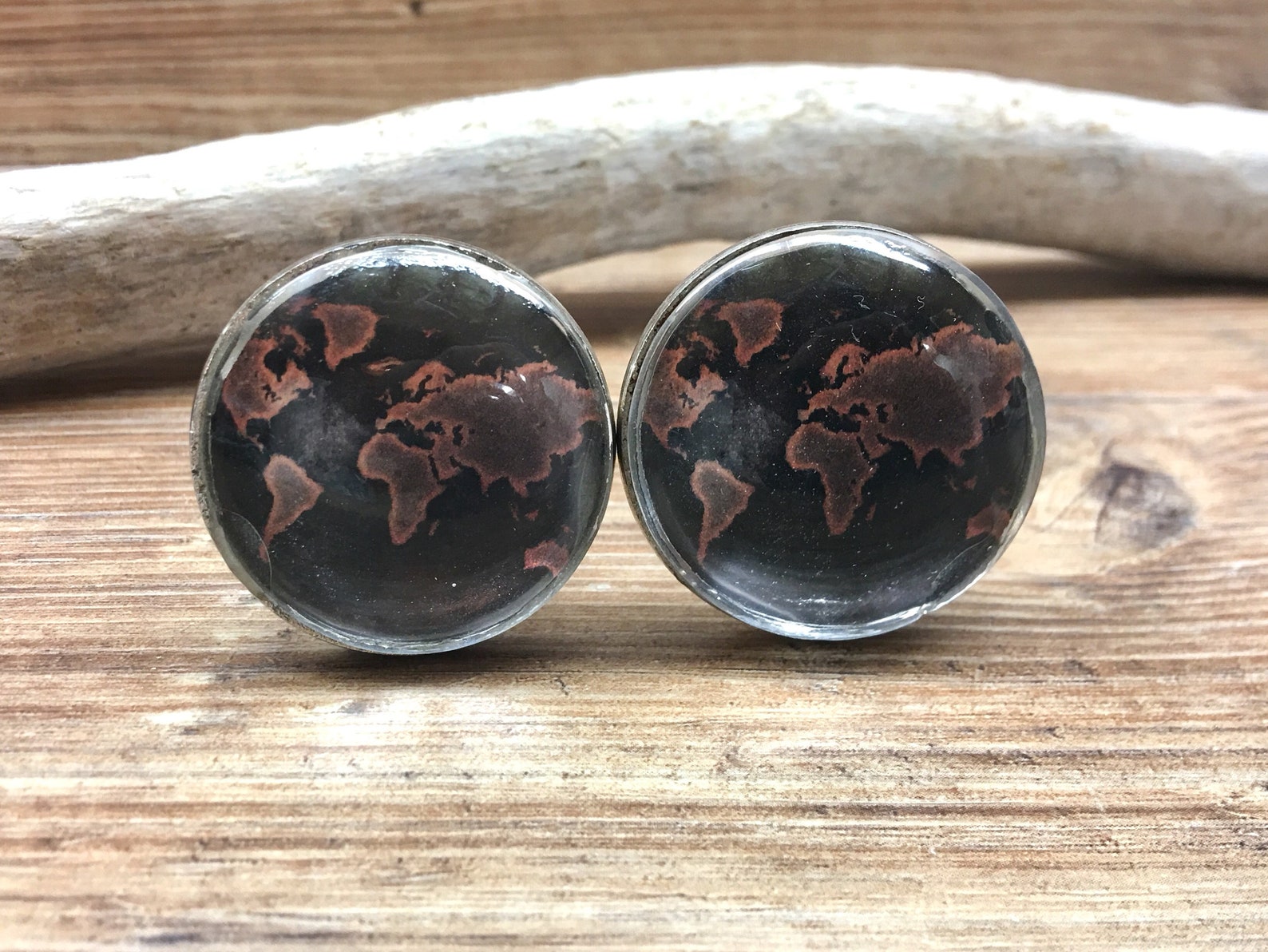 SET OF 2 - World Globe Map Knobs - Black and Coppery Brown Atlas Glass ...
