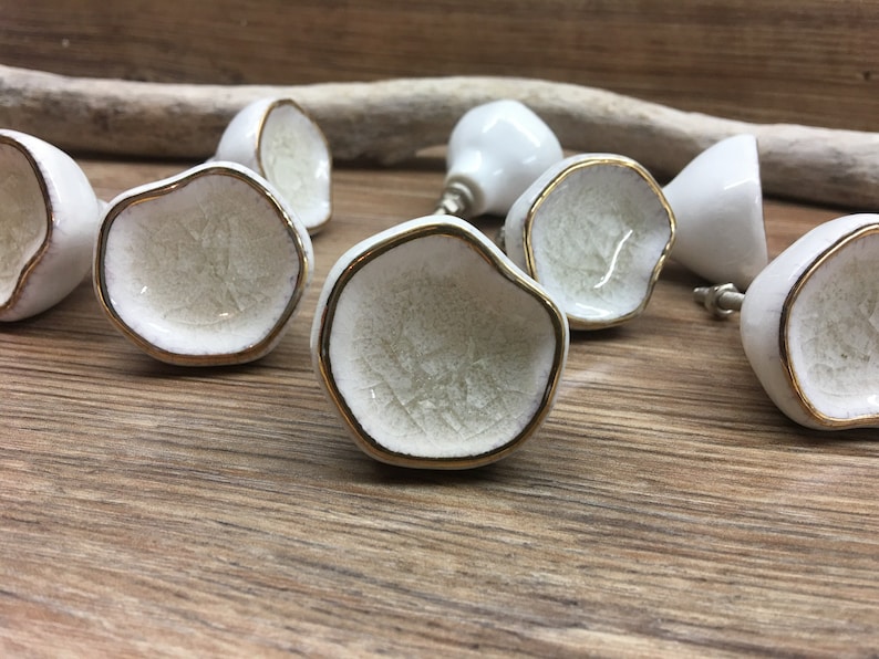 Ivory and Gold Melted Glass Knob Crater Crackled Ivory With Gold Edge ...