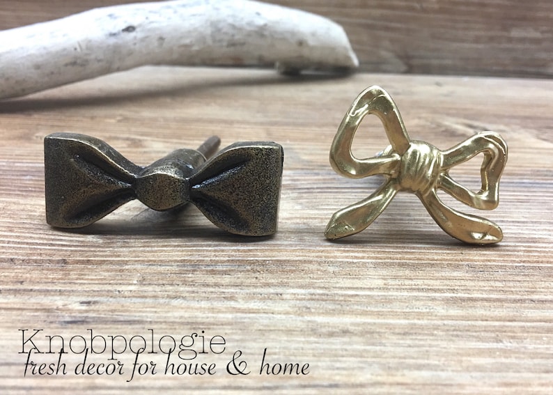 SET OF 6 - Antique Bronze Metal Bow Knobs - Ribbon Bow Drawer Pull ...