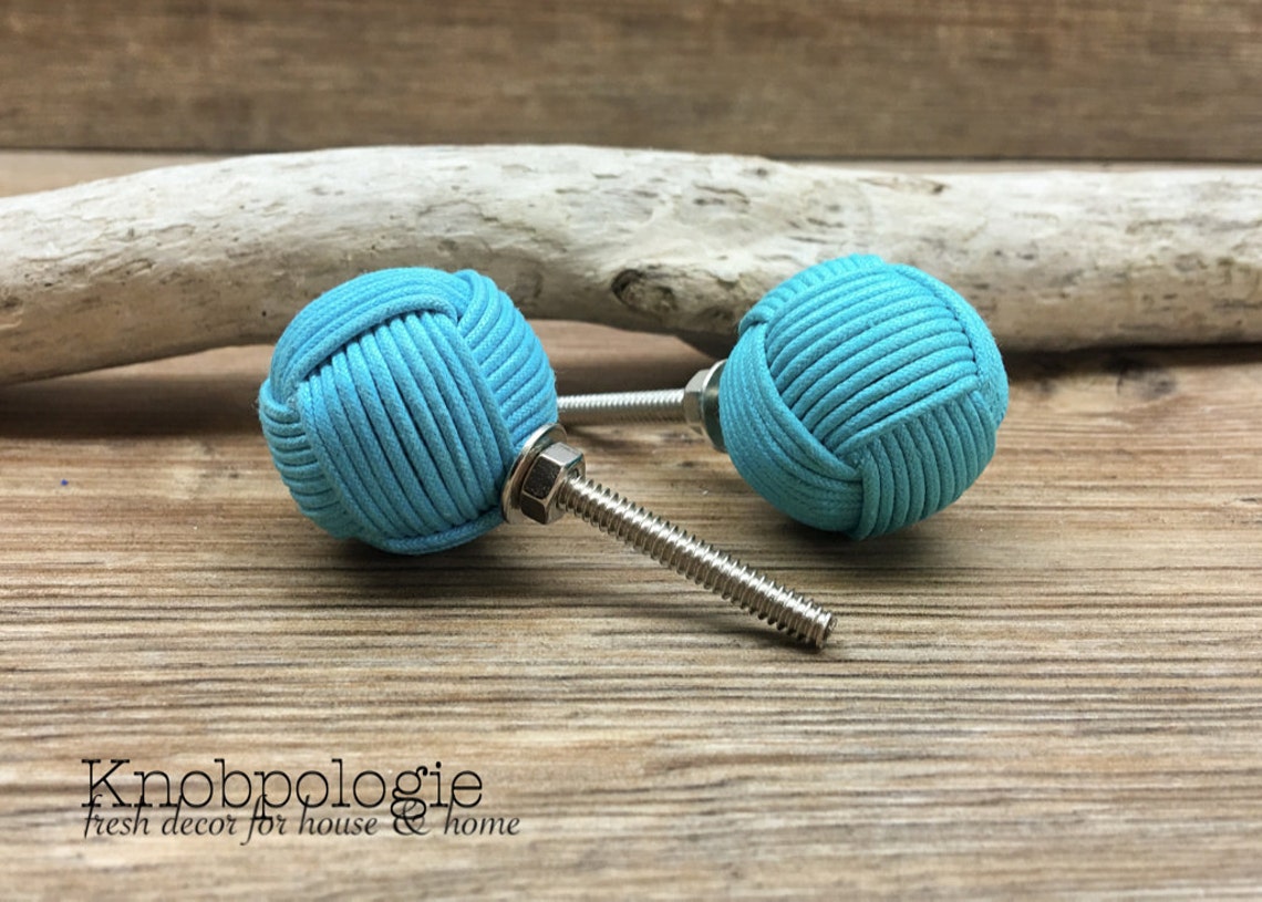 SET OF 2 Knot Knobs Turquoise Blue Rope Wrapped Monkey Fist - Etsy
