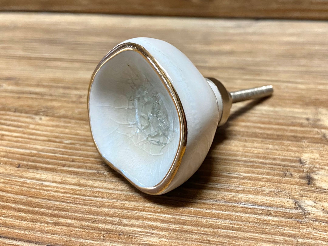 Ivory and Faint Aqua Melted Glass Knob With Gold Edge Crater Crackled ...