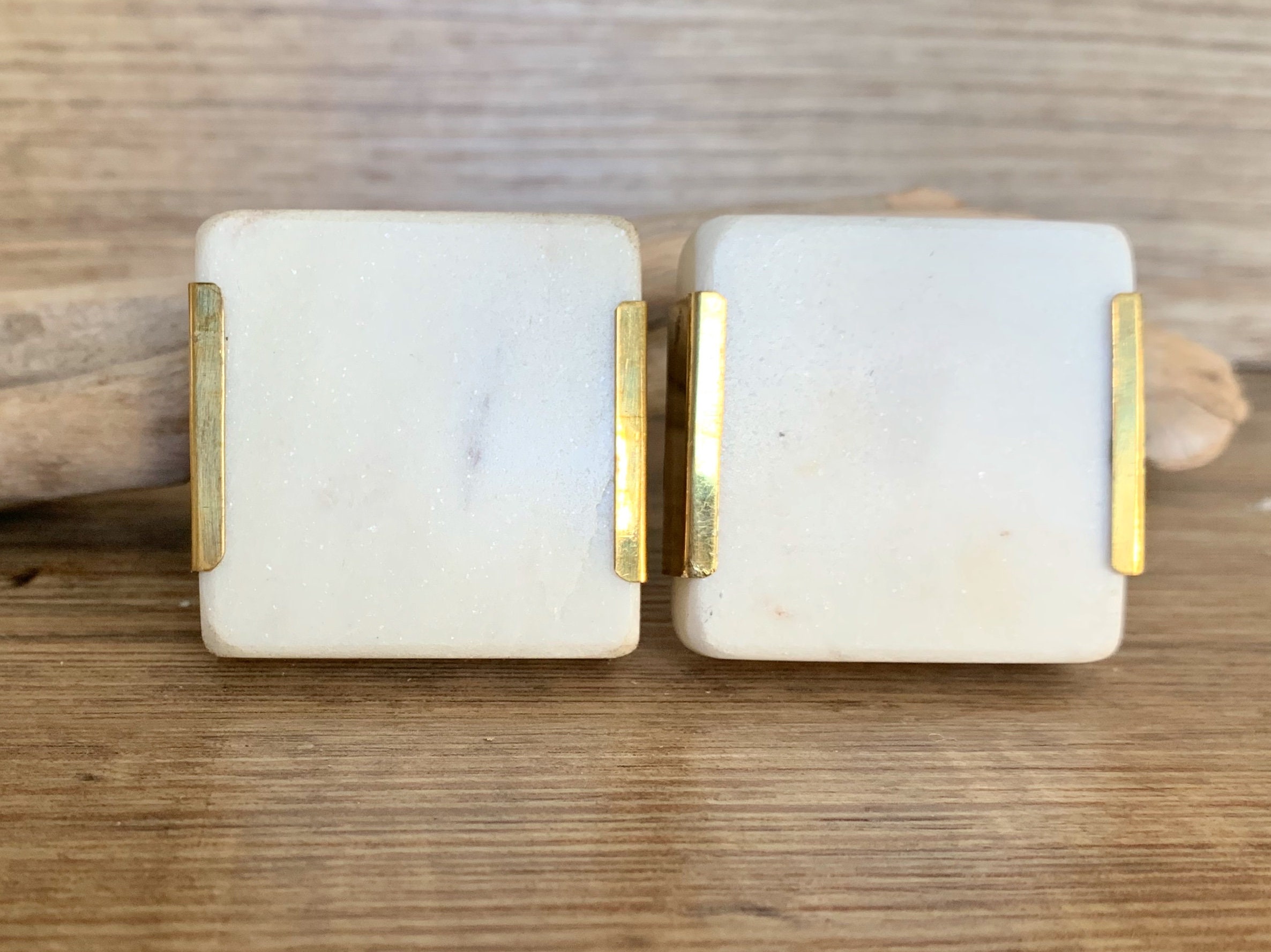 White Marble Stone and Gold Rim Square Two Tone Knob Gold | Etsy