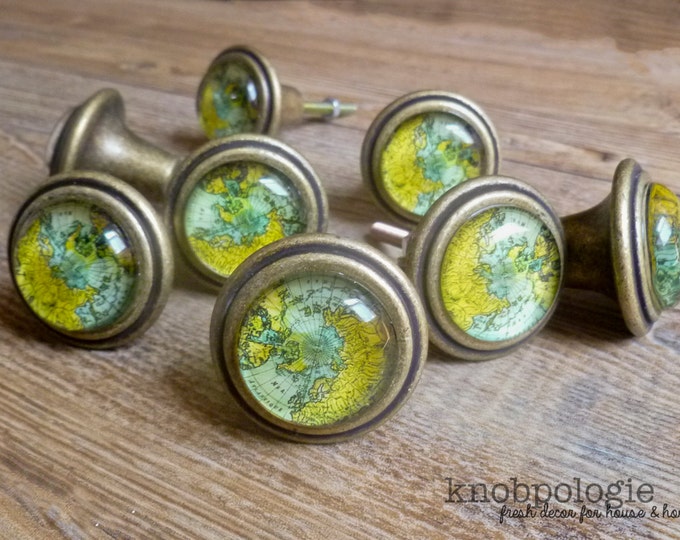 SET OF 8 Old World Globe Map Knobs - Aqua Blue and Yellow Atlas Glass ...