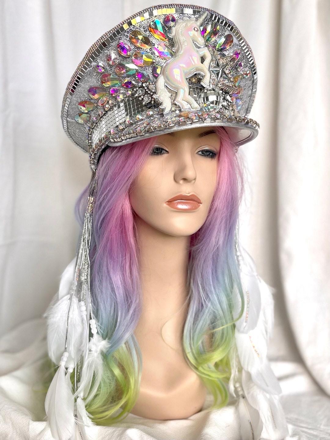 Silver Sequins, Military Hat, Rave Hat, Unicorn AB, Crystal Rhinestones ...