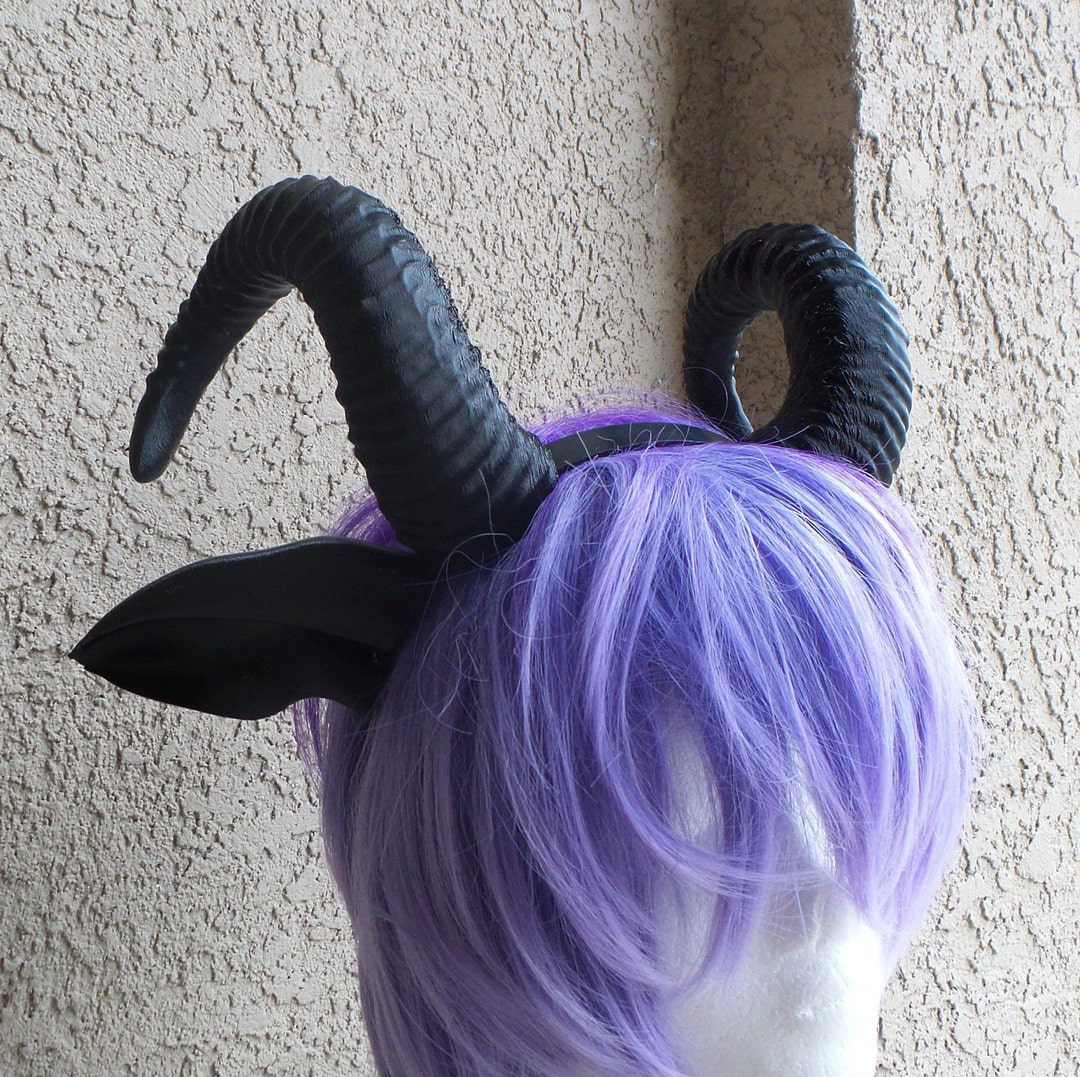 3D Printed Black Ram Horn Headband With Ears, Cosplay Horns - Etsy