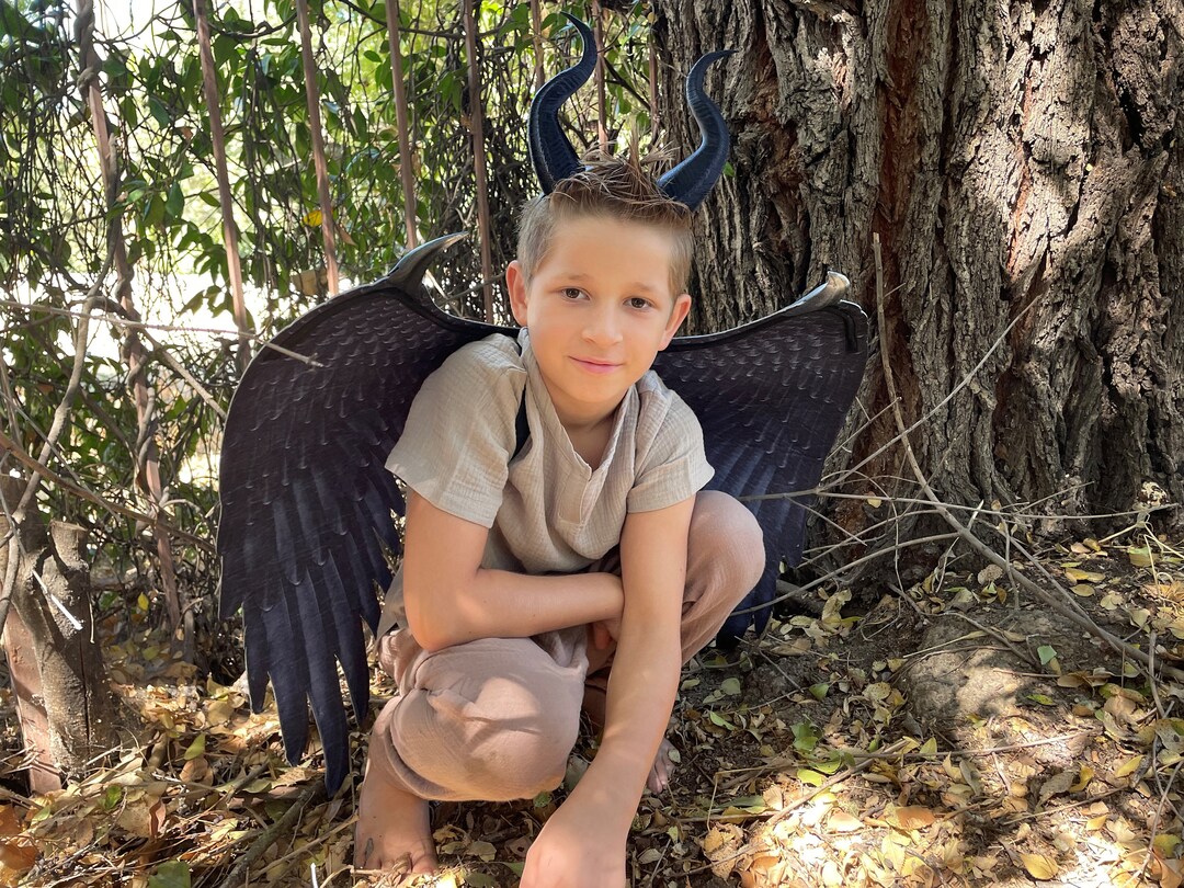 Child Maleficent Costume: Fey Horns, Wings, Peasant Shirt & Pants - Etsy