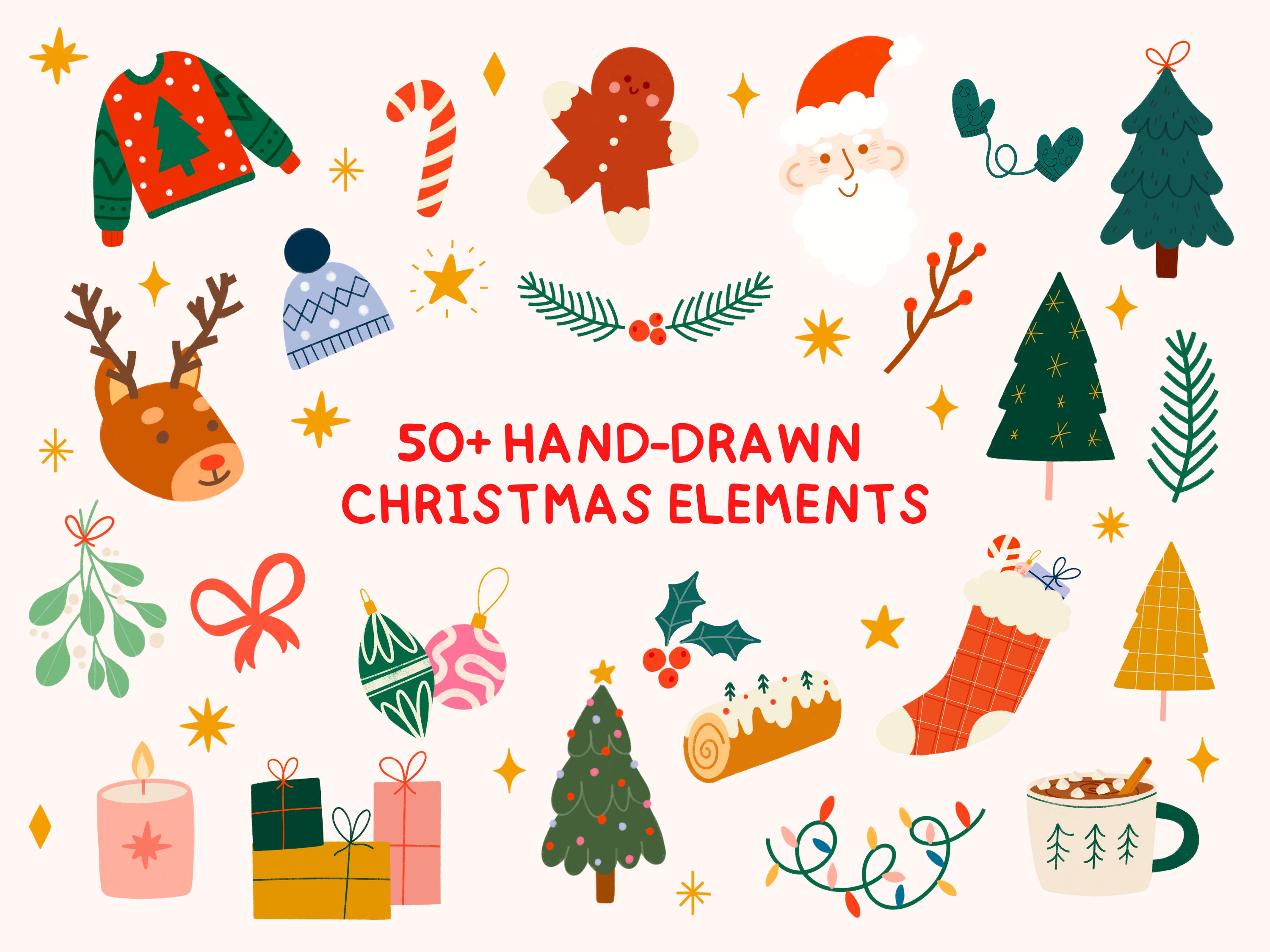Cute and Colorful Hand-drawn Christmas Illustrations Pack, Clipart ...