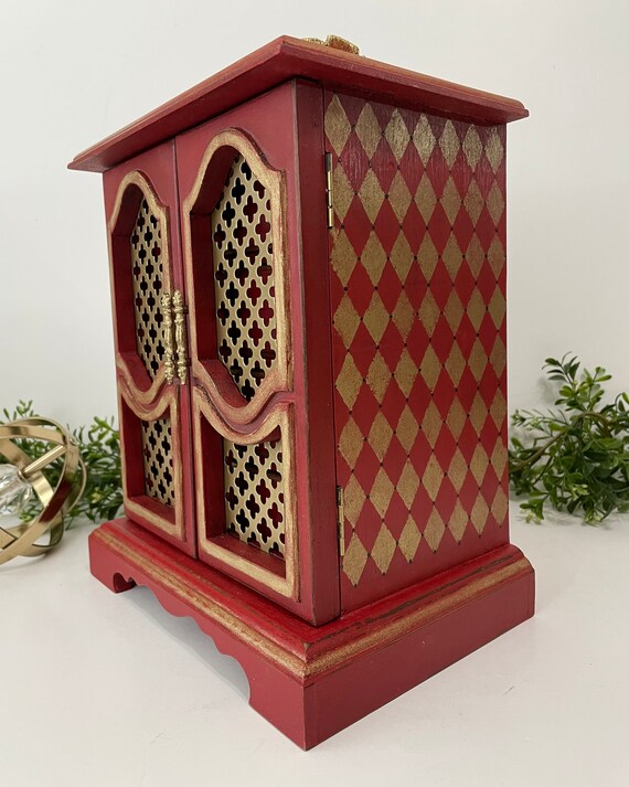 Vintage Red Wood Jewelry Box with Double Doors - Gem