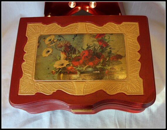 Red Yellow Vintage Hand Painted Treasure Box, wood, d… - Gem