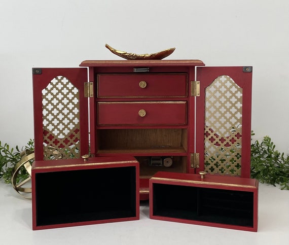 Vintage Red Wood Jewelry Box with Double Doors - Gem